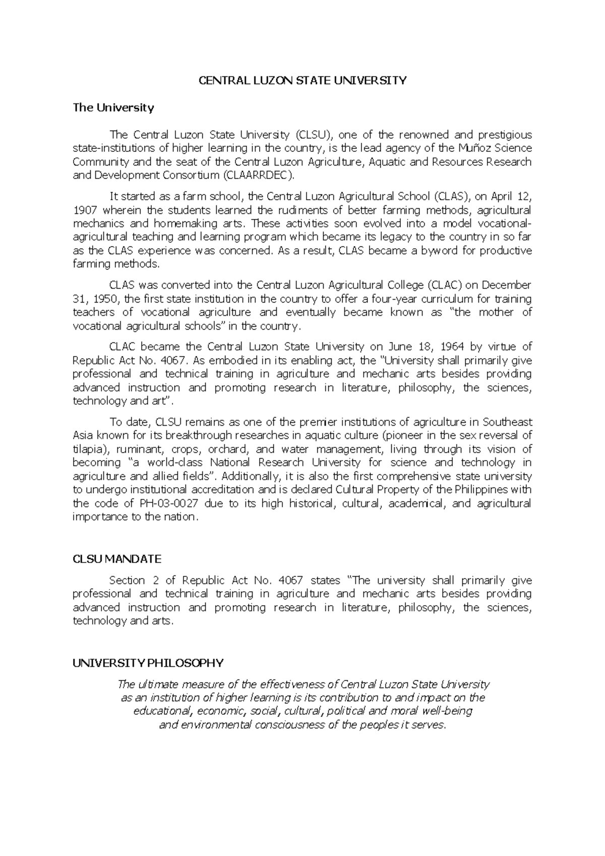 CLSU-VMGO - vmgo - CENTRAL LUZON STATE UNIVERSITY The University The ...