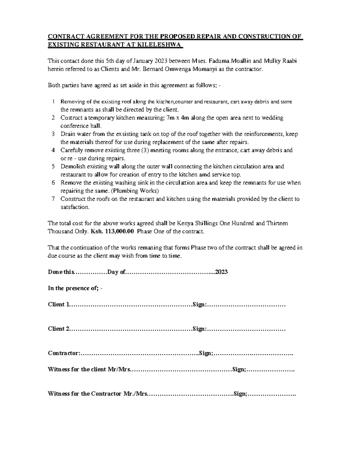 Rennovations Contract - CONTRACT AGREEMENT FOR THE PROPOSED REPAIR AND ...