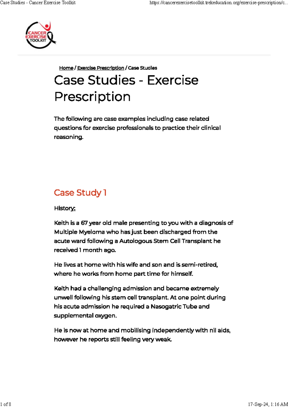 Case Studies - Cancer Exercise Toolkit - medicine intro - Studocu