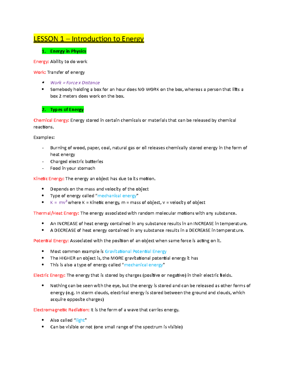 PHYS273 Final Notes - LESSON 1 – Introduction to Energy 1. Energy in ...
