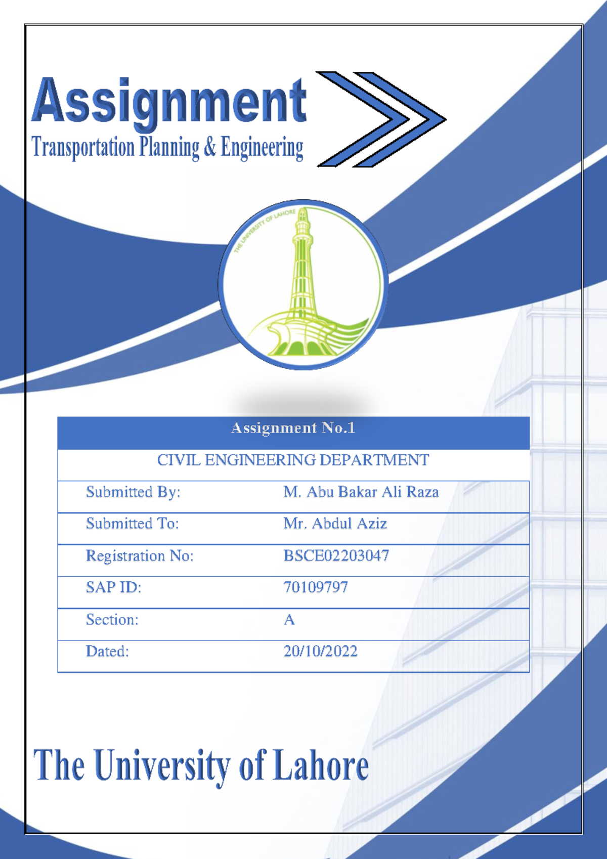 Transport Assignment 1 - Assignment No. CIVIL ENGINEERING DEPARTMENT ...