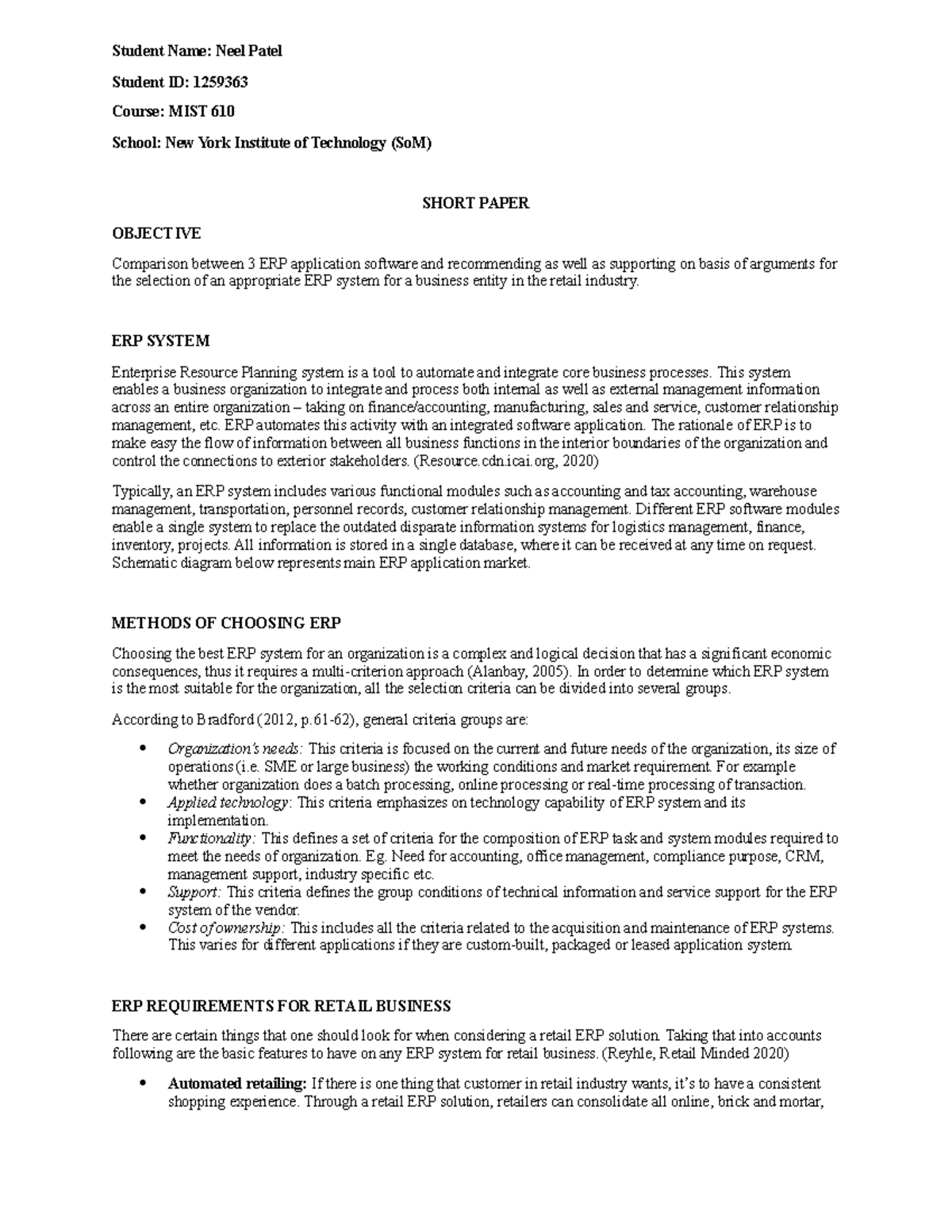 ERP Short Paper 1 - ERP comparison - Student Name: Neel Patel Student ...