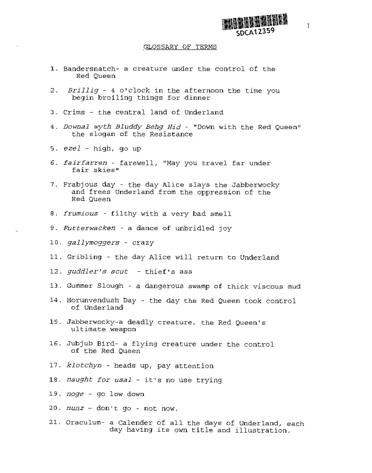 Alice in the wonderland script - GLOSSARY OF TERMS 1. Bandersnatch- a ...