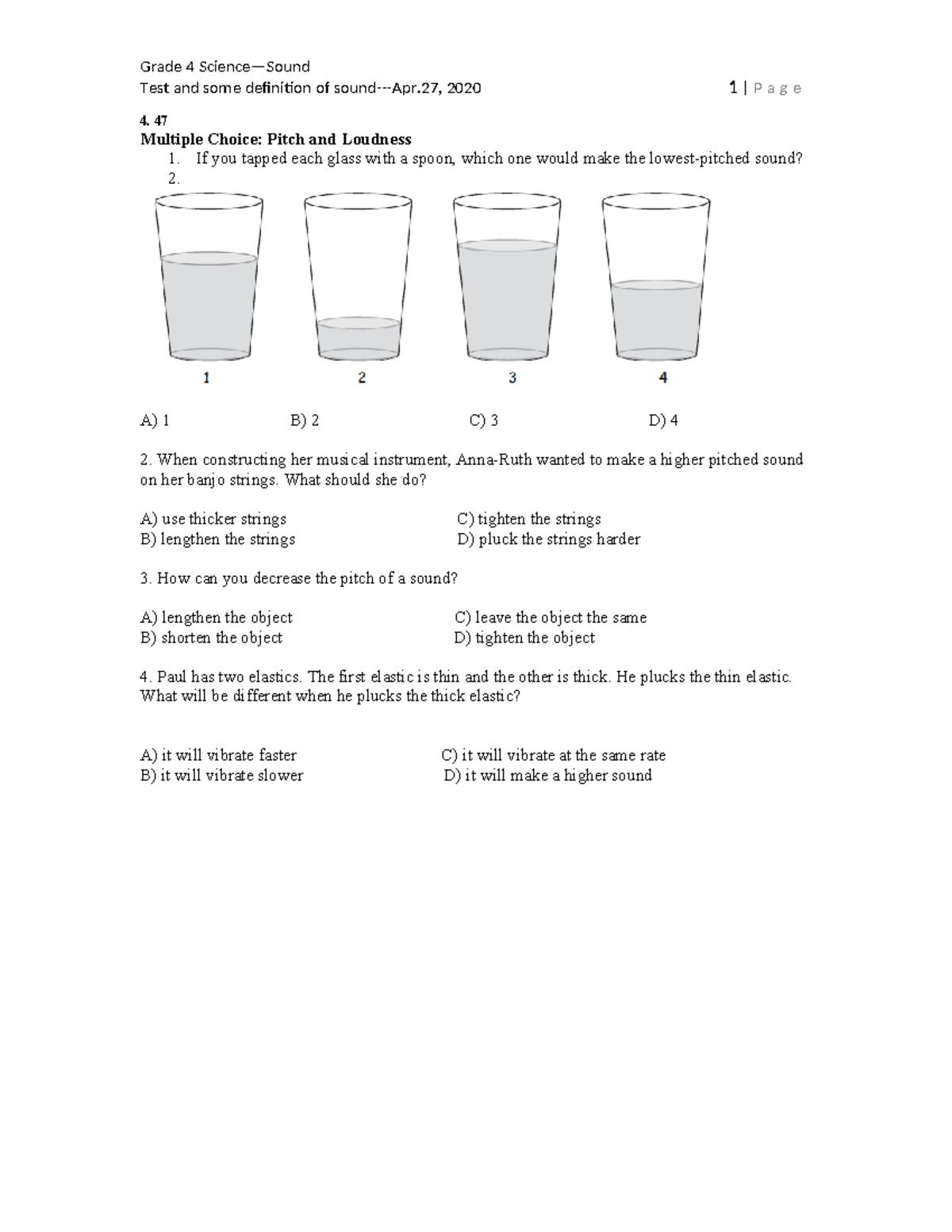 Grade 4 Sound related Notes and test - Grade 4 Science—Sound Test and ...