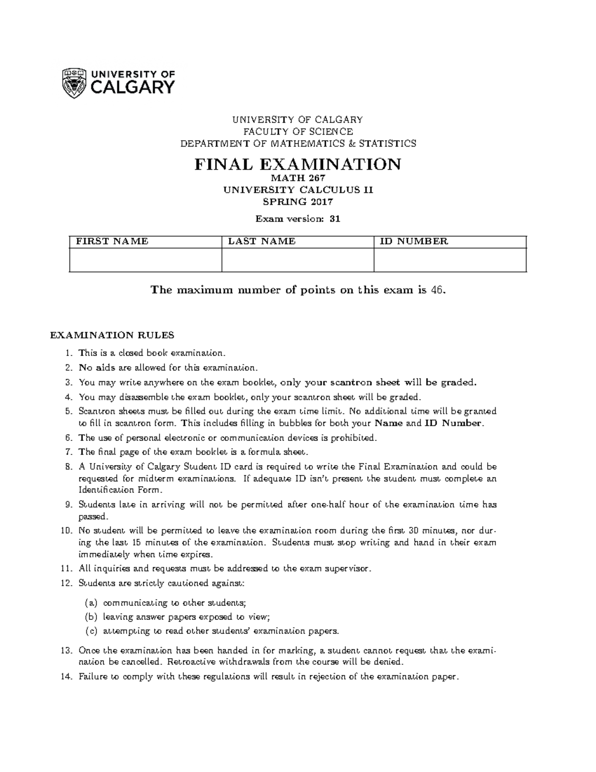 Final Exam Spring 2017, questions - UNIVERSITY OF CALGARY FACULTY OF ...