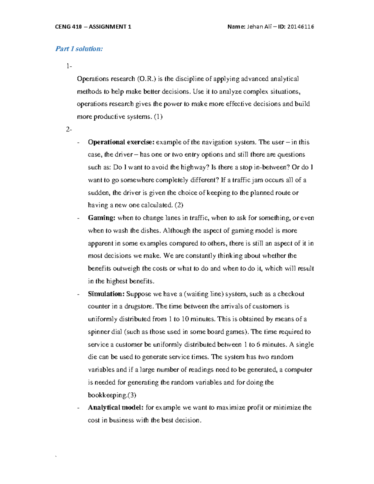 lp problem for operation research - CENG 410 ASSIGNMENT 1 Name: Jehan ...