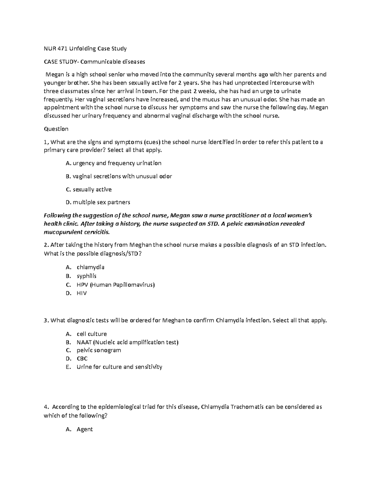 NUR 471 Unfolding Case Study- Communicable diseases, STD Revised 2.25. ...