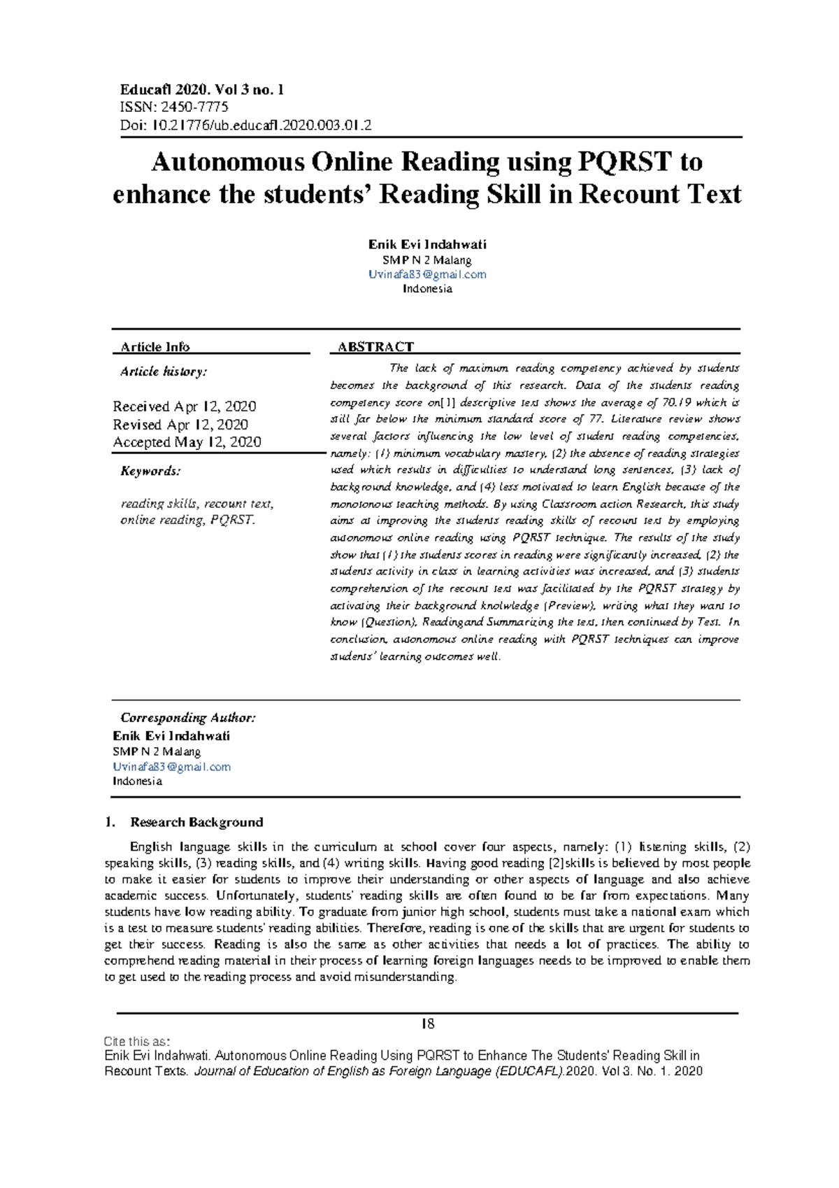 Autonomous Online Reading Using Pqrst TO Enhance THE Students Reading Skill IN Recount TEXT ...