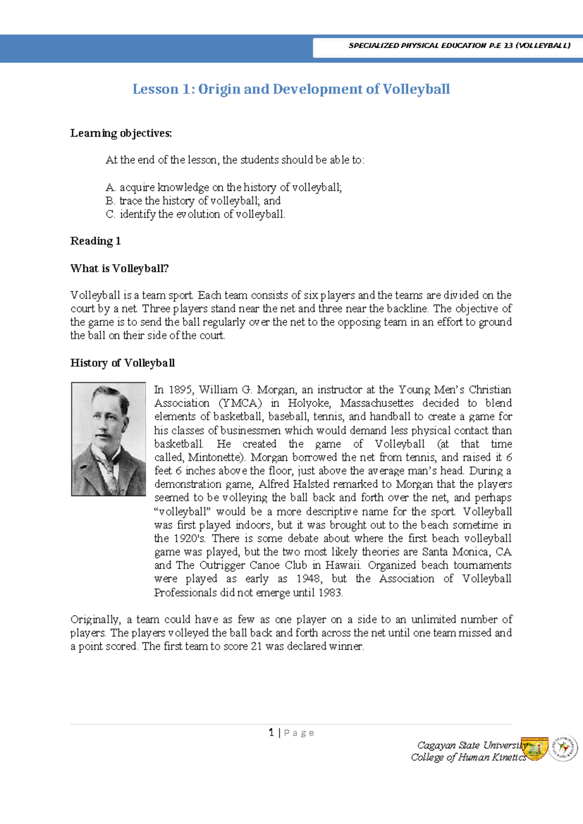 P.E.-13- Volleyball-1 - Lesson 1: Origin and Development of Volleyball ...