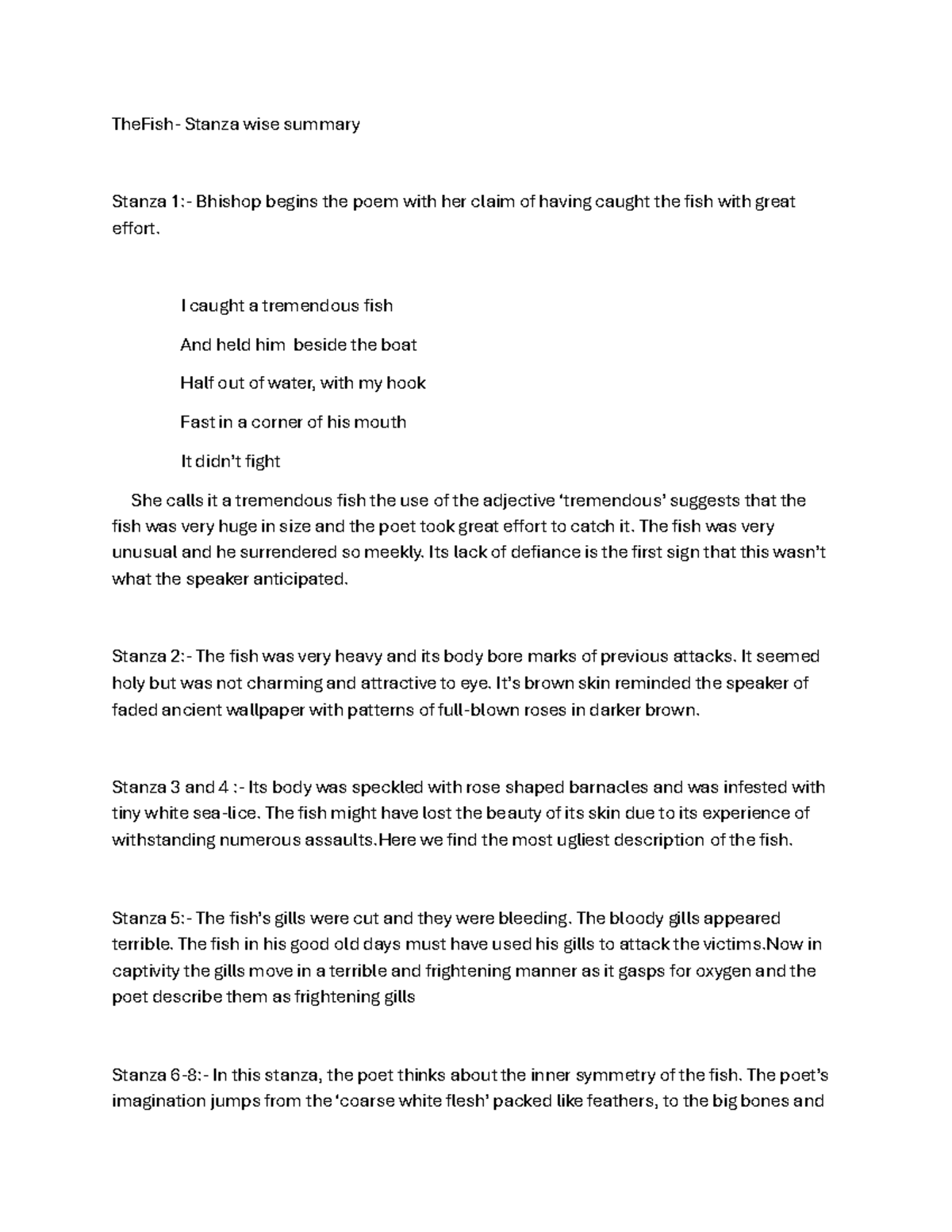 Document (20) - The fish summury - TheFish- Stanza wise summary Stanza ...