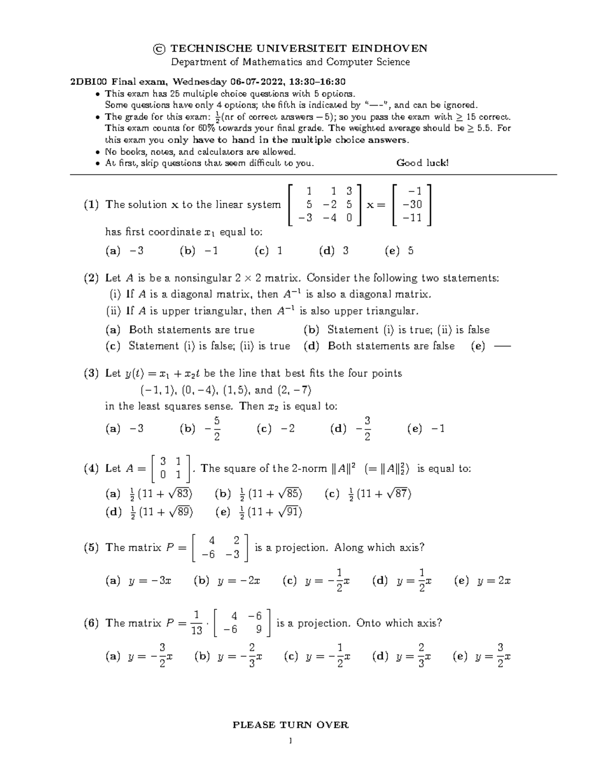 2DBI00-20220706 - Past paper for linear algebra - © TECHNISCHE ...