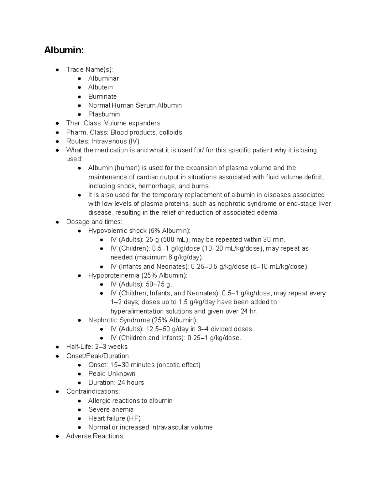 Med Research 4 S (Common Meds) - Albumin: Trade Name(s): Albuminar ...