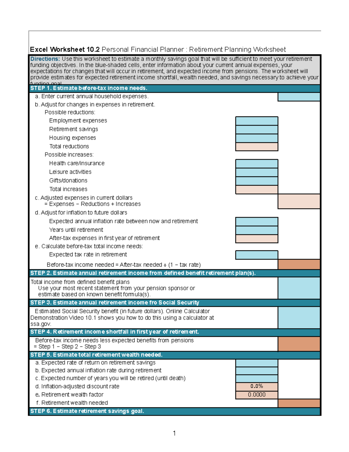 Personal financial planner retirement planning worksheetv Excel ...