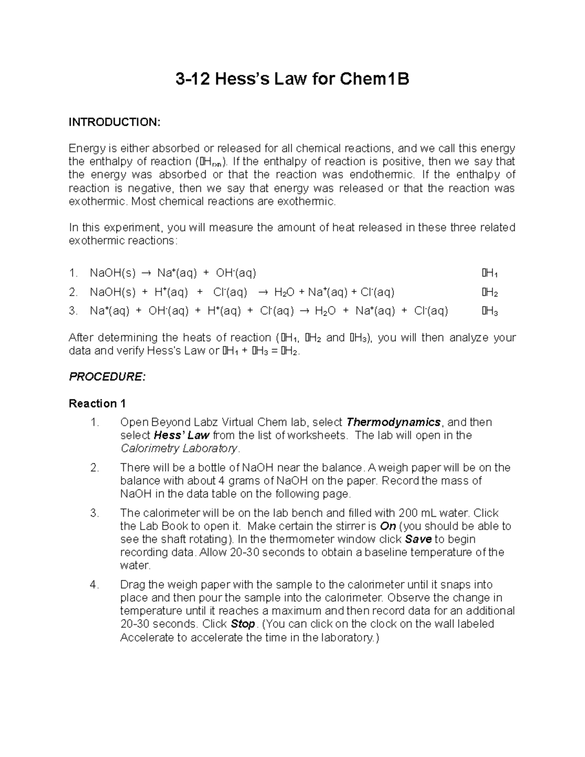 3-12 Hess's Law modified - 3-12 Hess’s Law for Chem1B INTRODUCTION ...