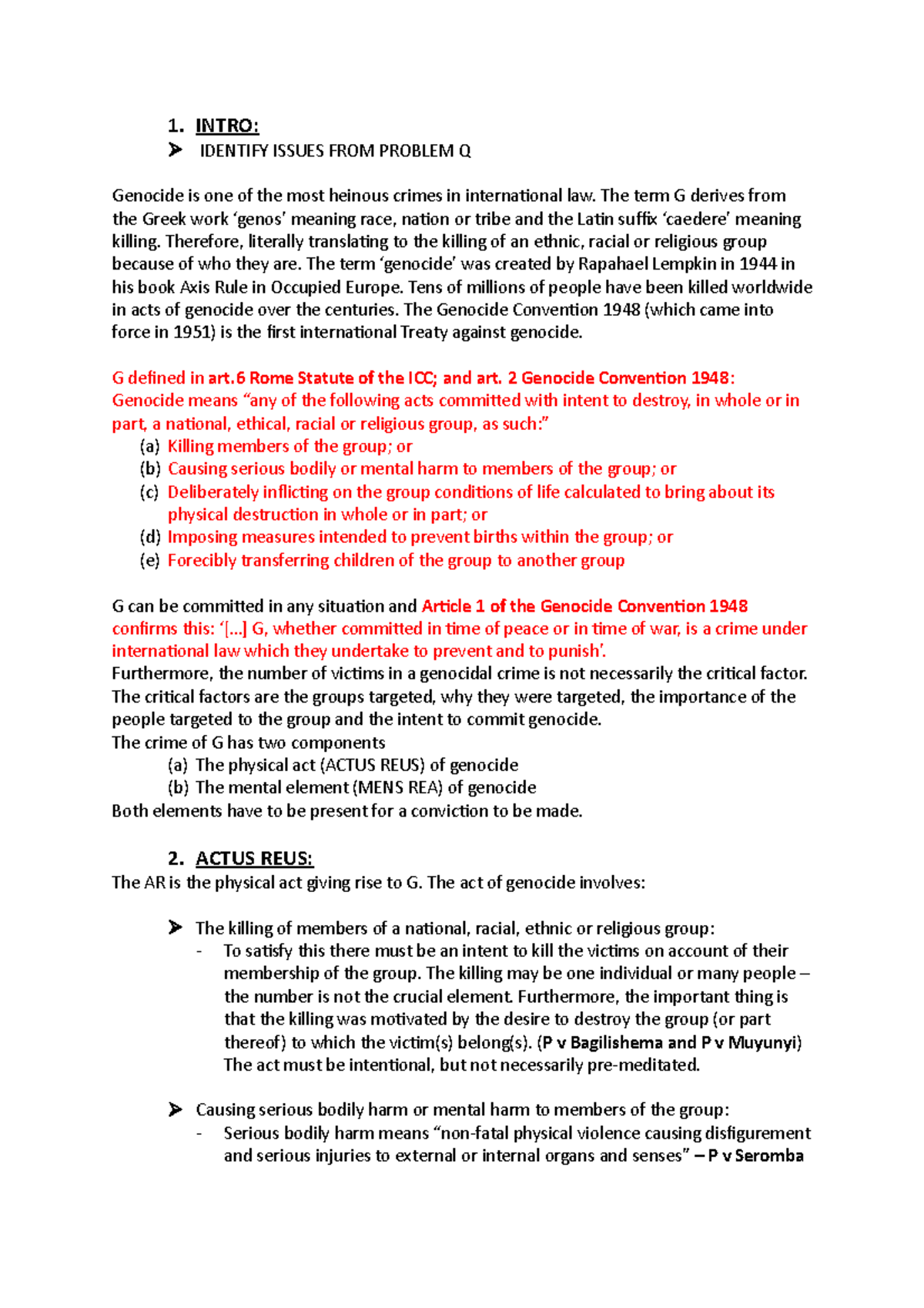 Genocide Notes Completed - 1. INTRO: IDENTIFY ISSUES FROM PROBLEM Q ...