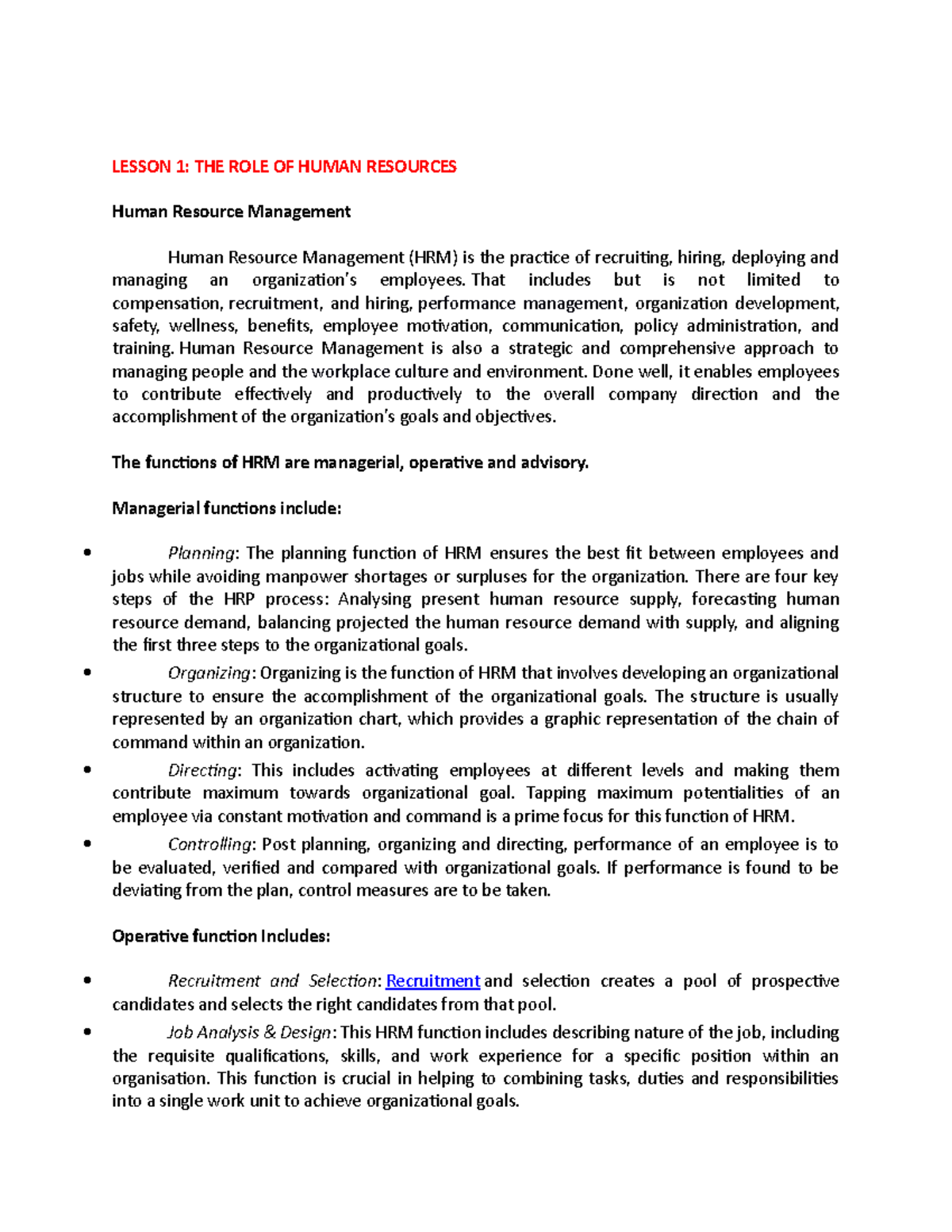 Human Resource Management Learning Outcomes - LESSON 1: THE ROLE OF ...