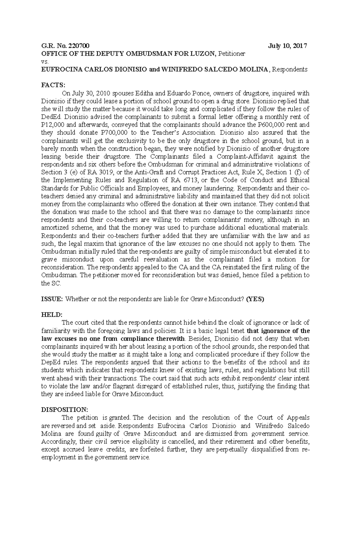 CASE No. 11 Office of the Deputy Ombudsman for Luzon vs. Eufrocina Carlos Dionisio and Winifredo ...