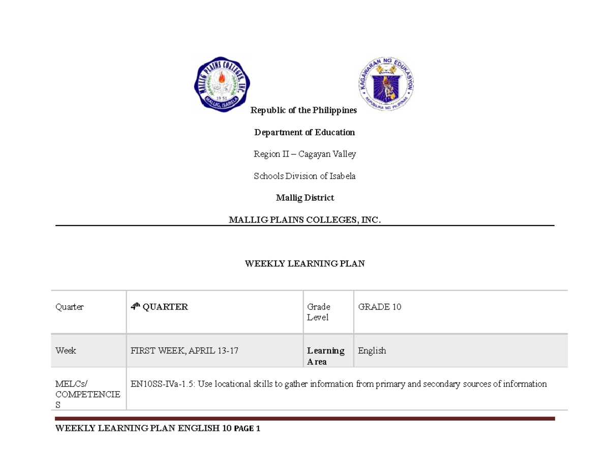 WLP English 10 - Wlp - Republic of the Philippines Department of ...