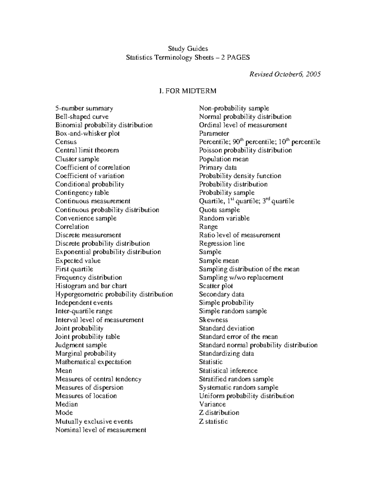 Study guides for all midterms - Study Guides Statistics Terminology ...