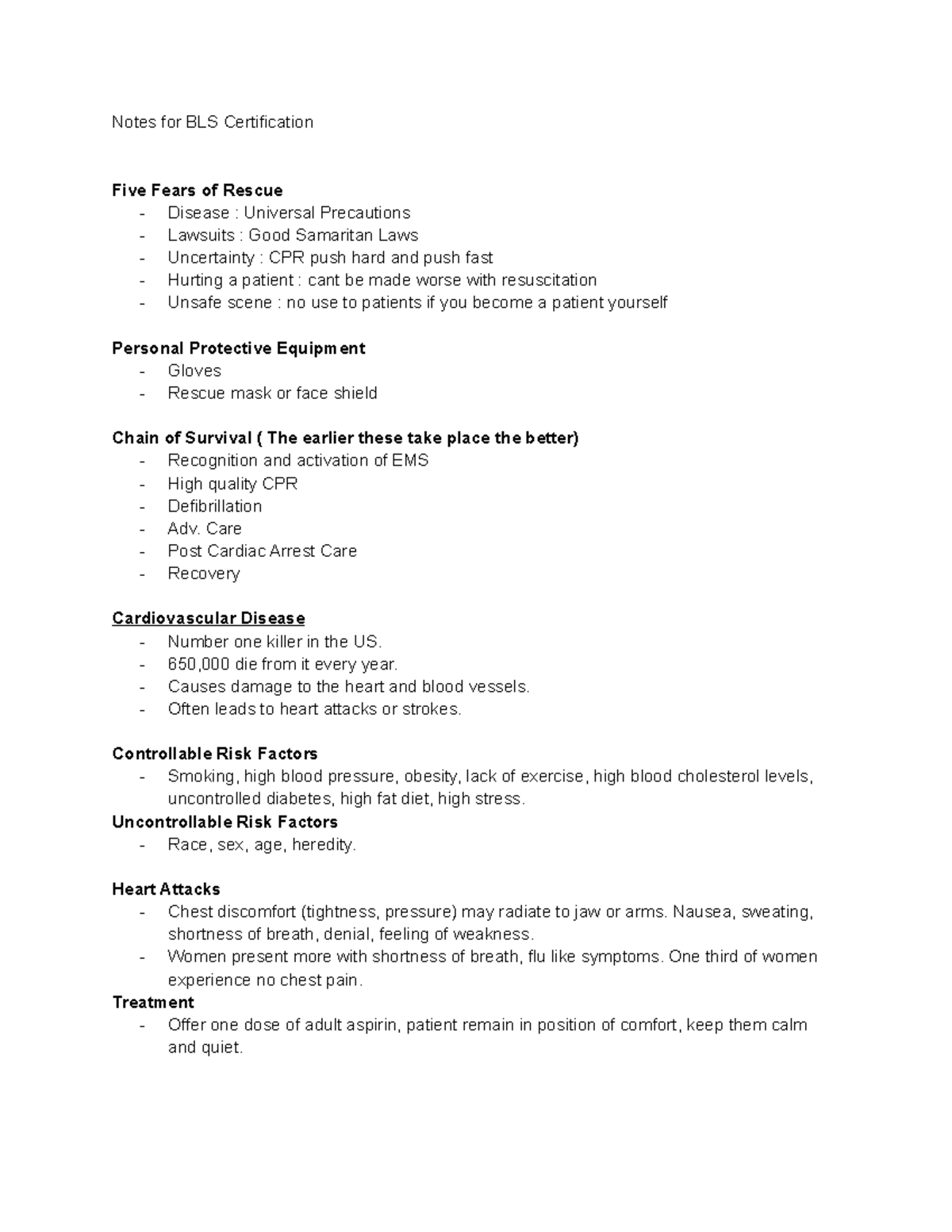 Basic Life Support Notes - Notes for BLS Certification Five Fears of ...