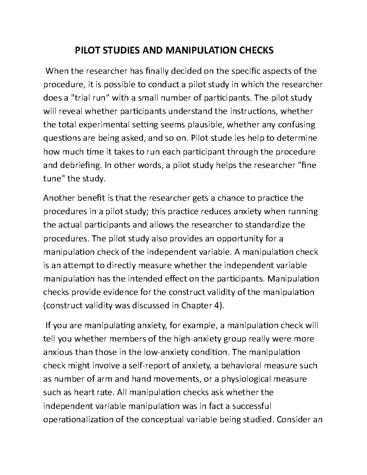 7 Maturation Control - PILOT STUDIES AND MANIPULATION CHECKS When the ...