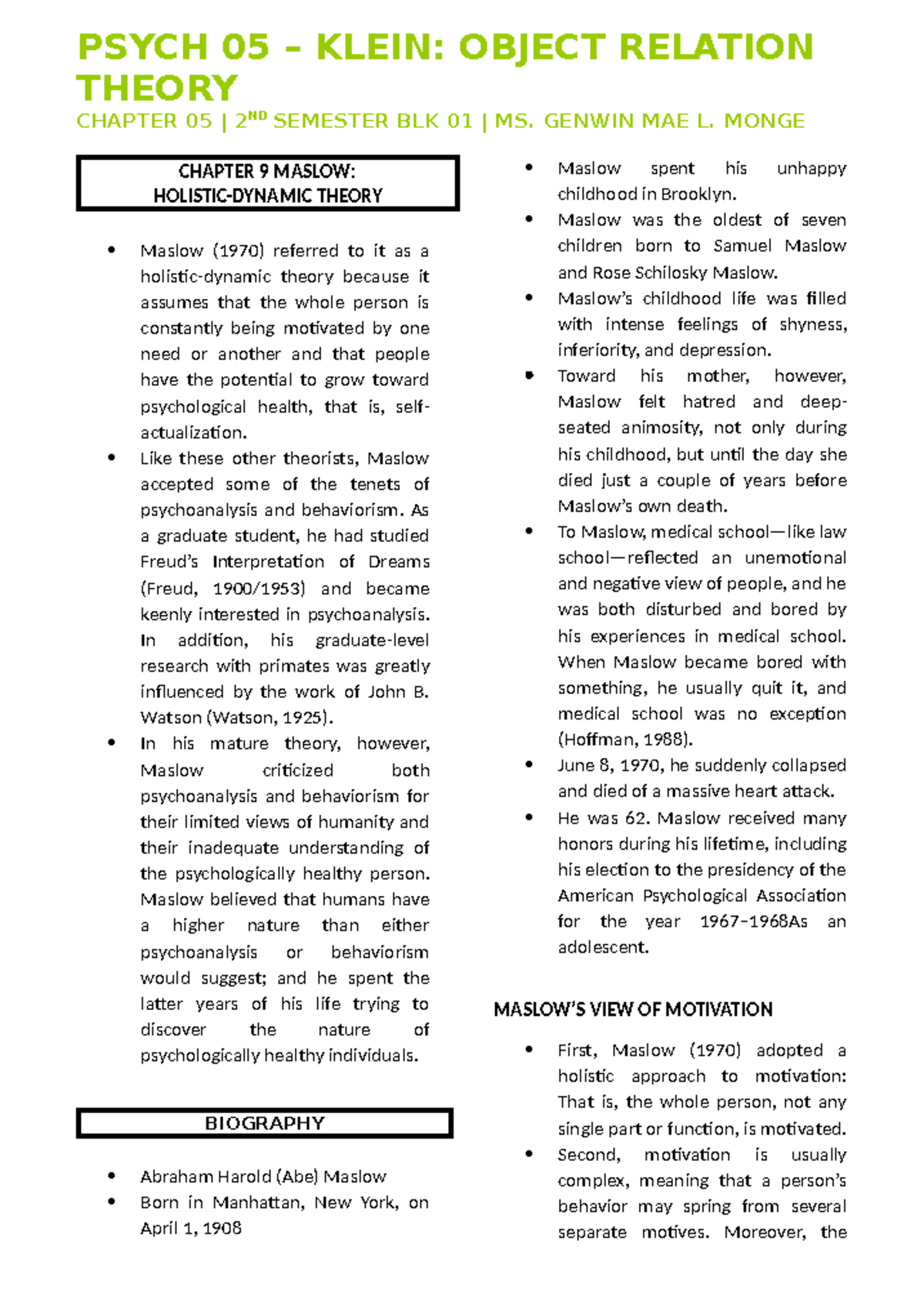 CHAP 9- Maslow - PSYCH 05 – KLEIN: OBJECT RELATION THEORY CHAPTER 05 ...