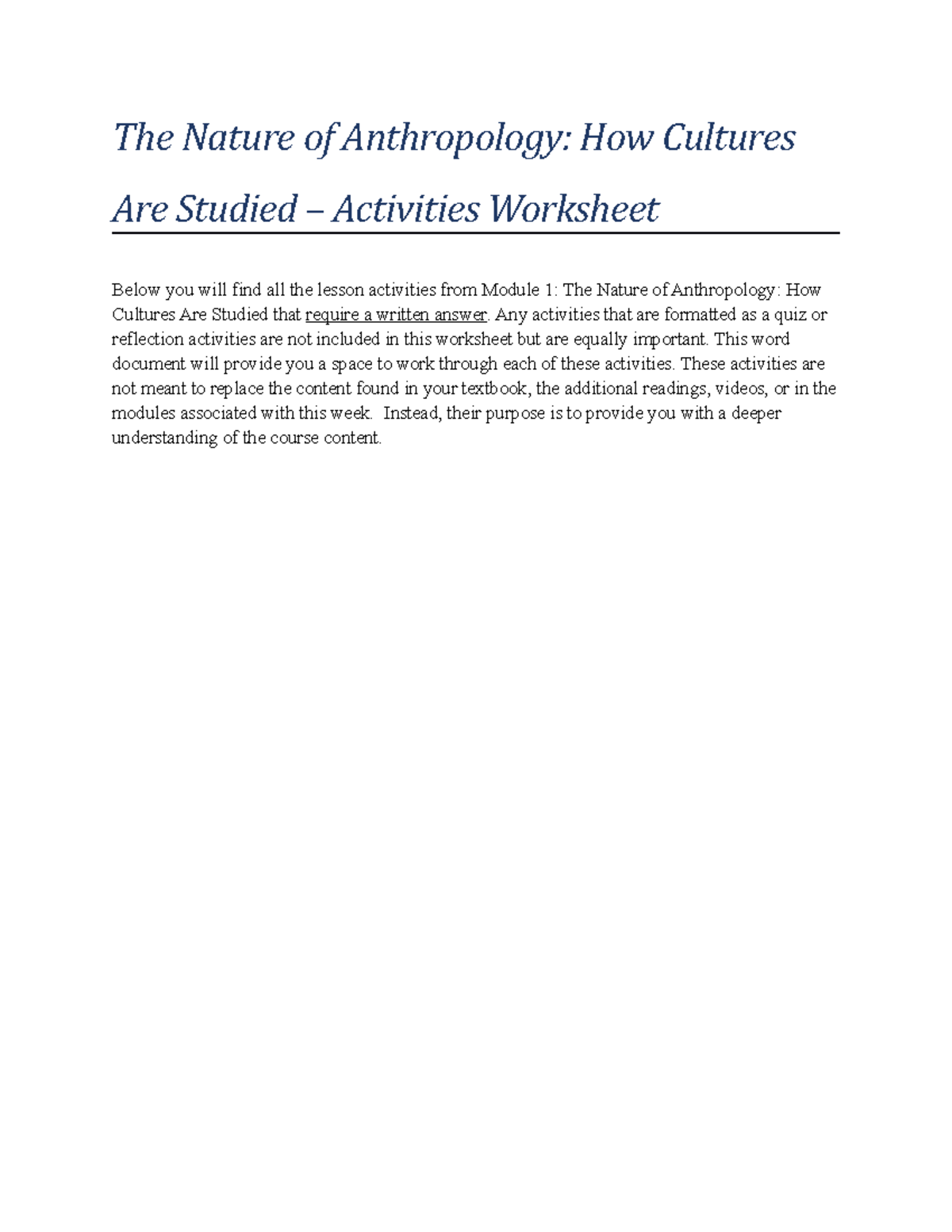 Week 2 The Nature of Anthropology worksheet - The Nature of ...