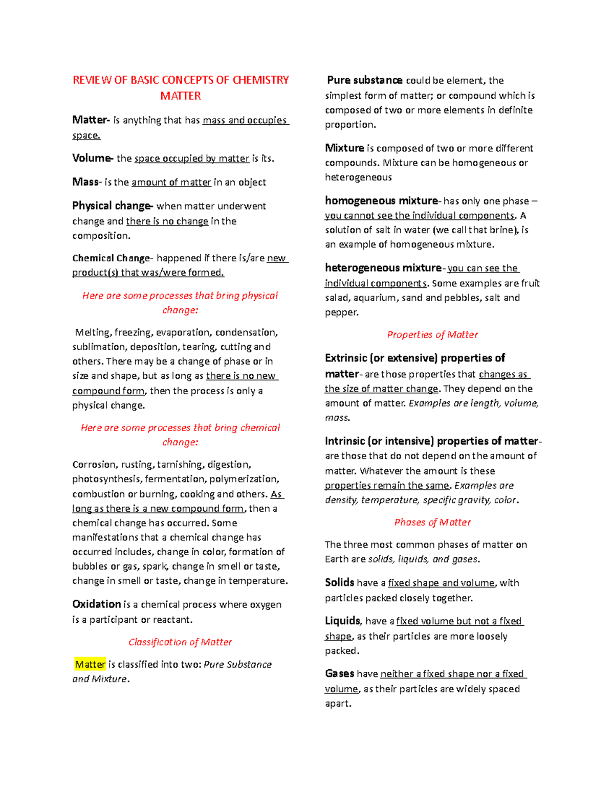 Review OF Basic Concepts OF Chemistry Matter - REVIEW OF BASIC CONCEPTS ...