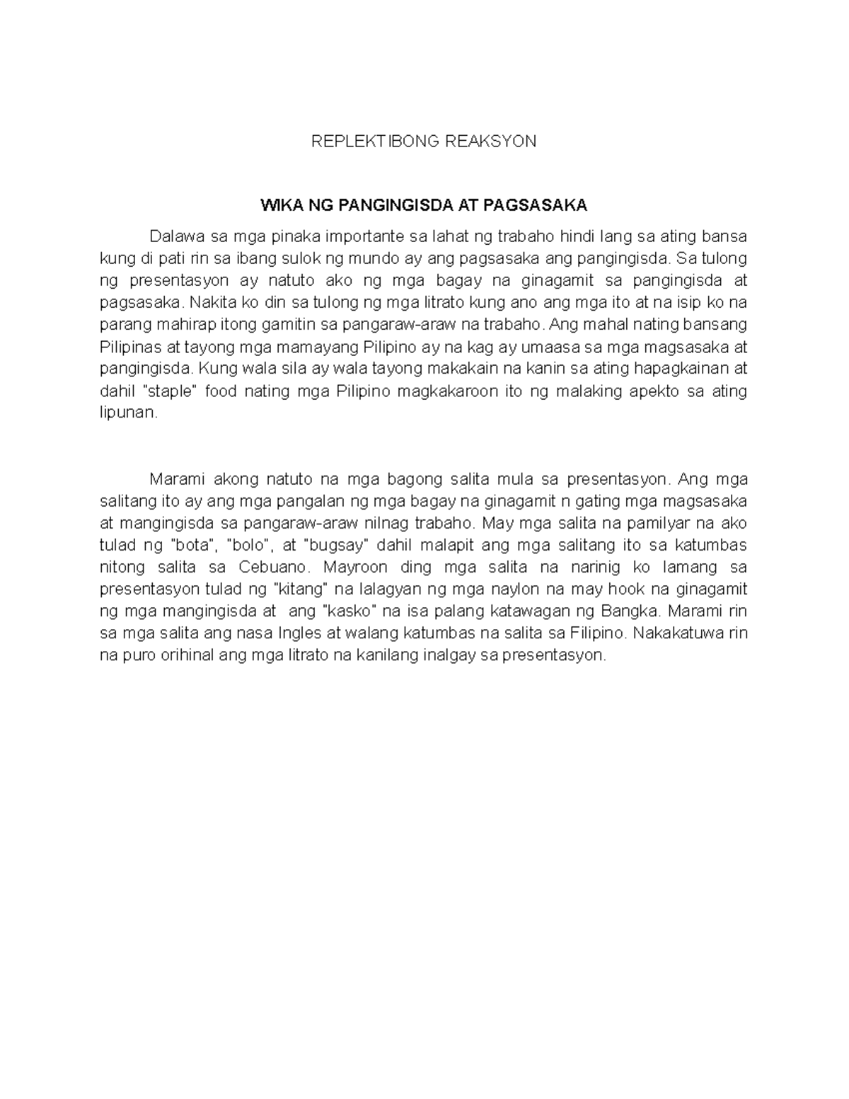 WIka ng pangingisda at pagsasaka - REPLEKTIBONG REAKSYON WIKA NG ...
