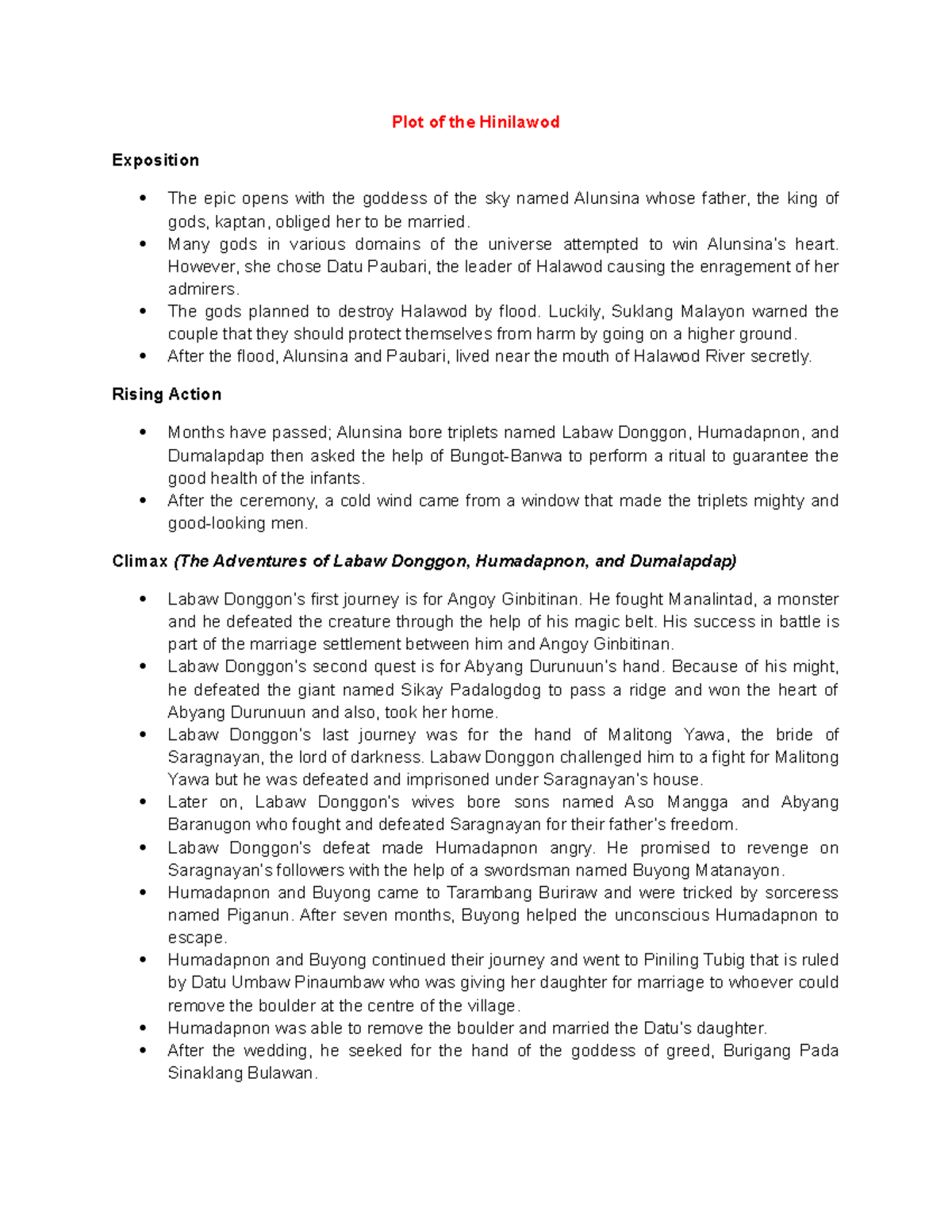 Plot of the Hinilawod - UPLOAD - Plot of the Hinilawod Exposition The ...