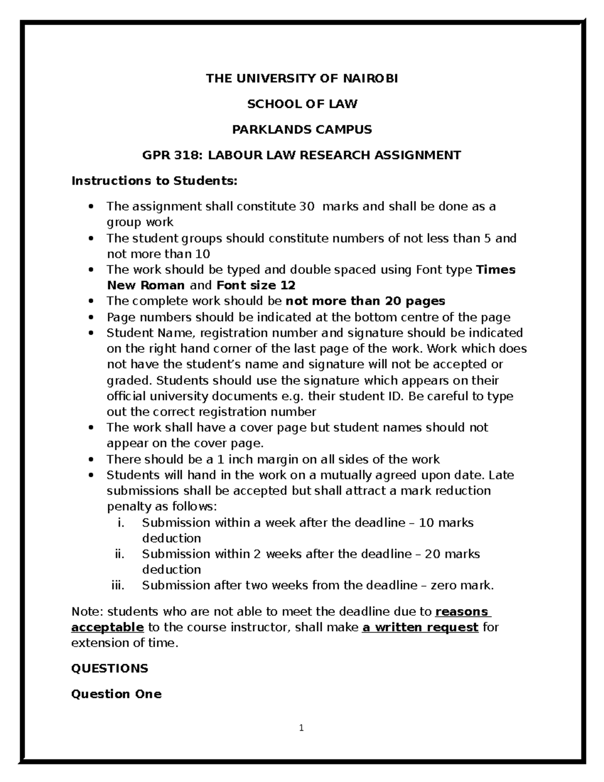 Labour Law Assignment January to April 2020-1 - THE UNIVERSITY OF ...