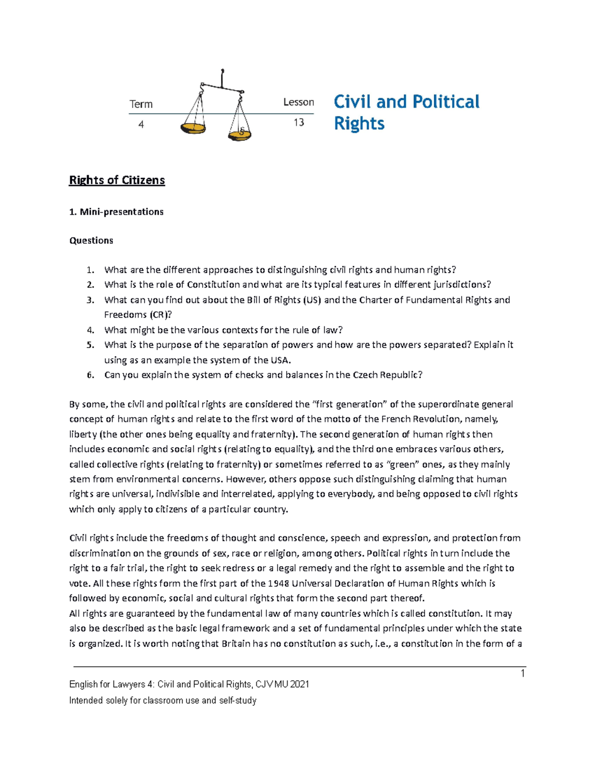 Lesson 13 Civil and Political Rights - Rights of Citizens 1. Mini ...