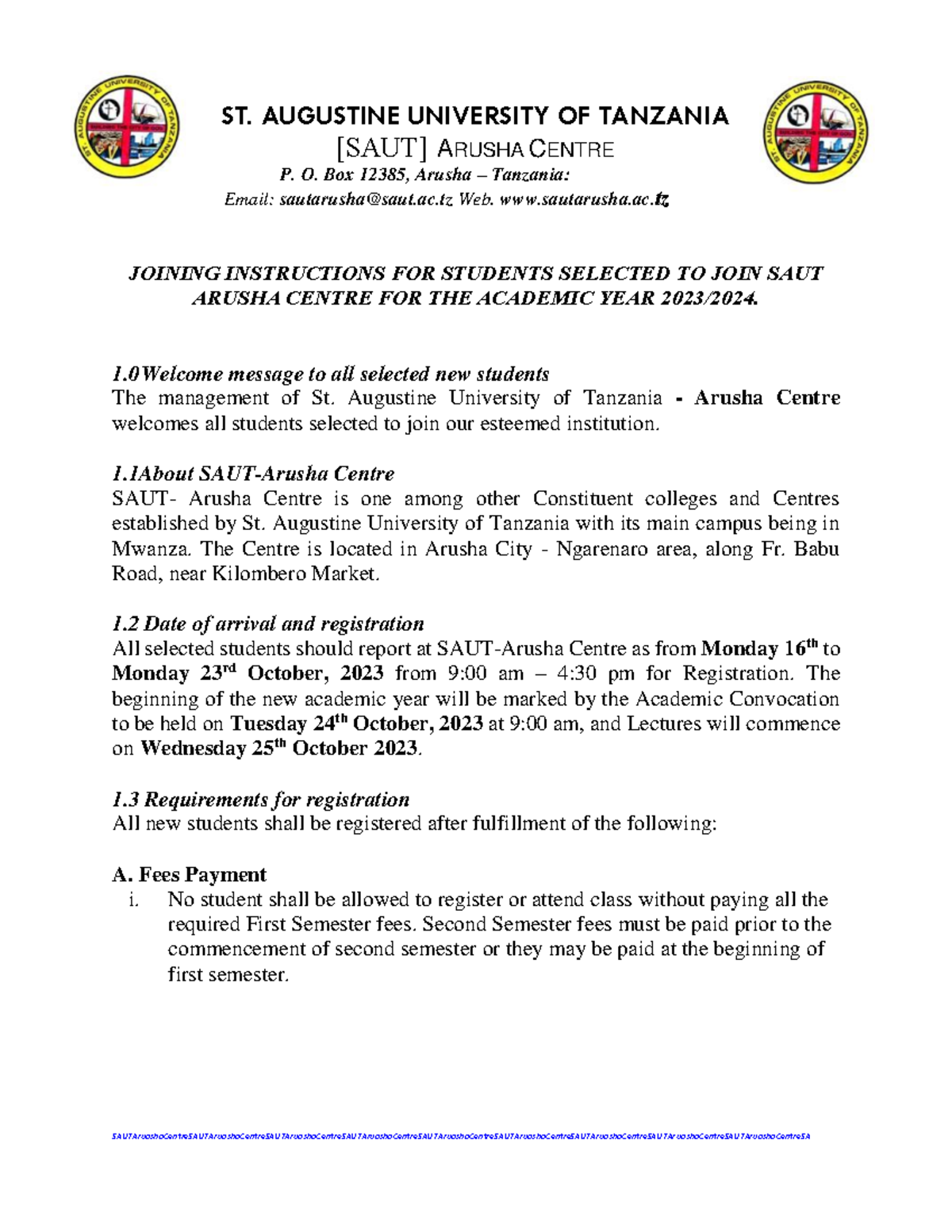 2023-Aug-Fri - Joining Instruction 2023-2024 - ST. AUGUSTINE UNIVERSITY OF TANZANIA [SAUT ...