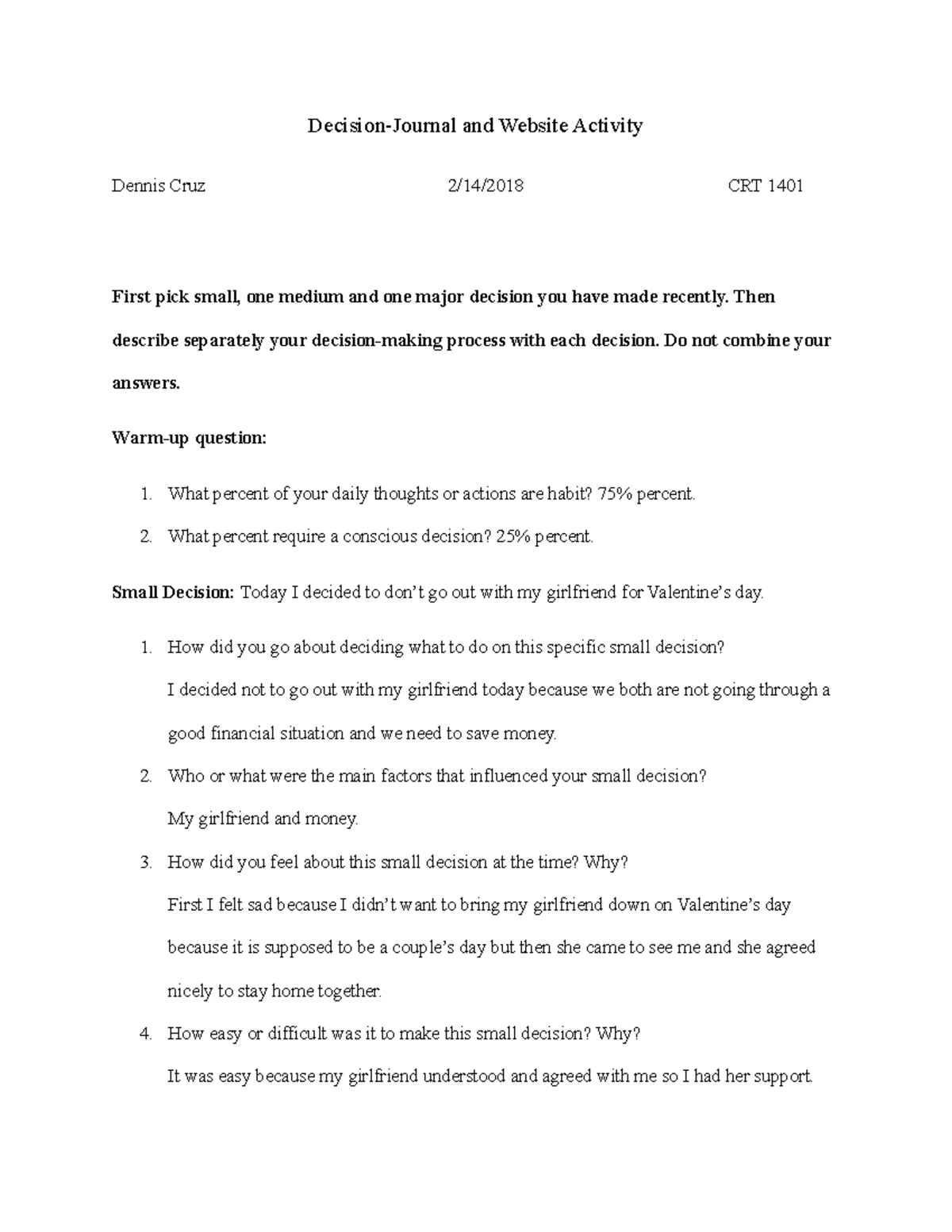 Decision Making - Decision-Journal and Website Activity Dennis Cruz 2 ...