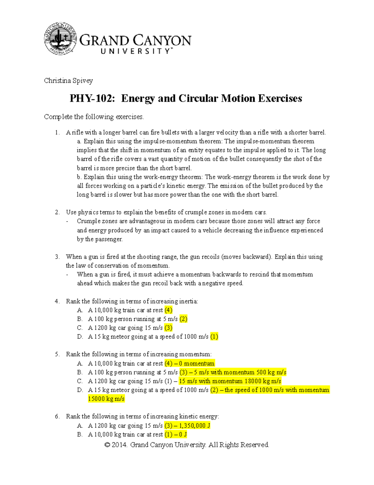 PHY 102 RS Energyand Circular Motion Exercises - Christina Spivey PHY ...