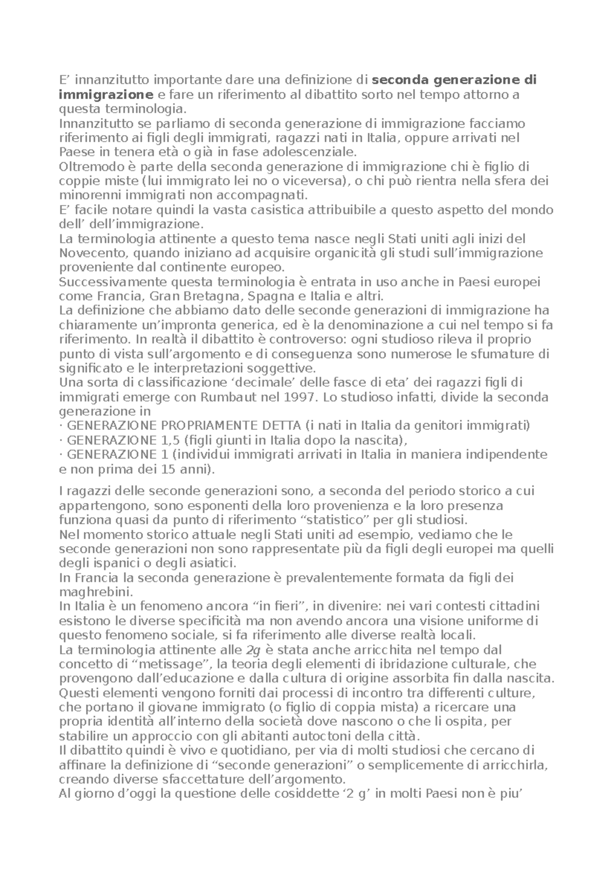 Le seconde generazioni - E’ innanzitutto importante dare una ...