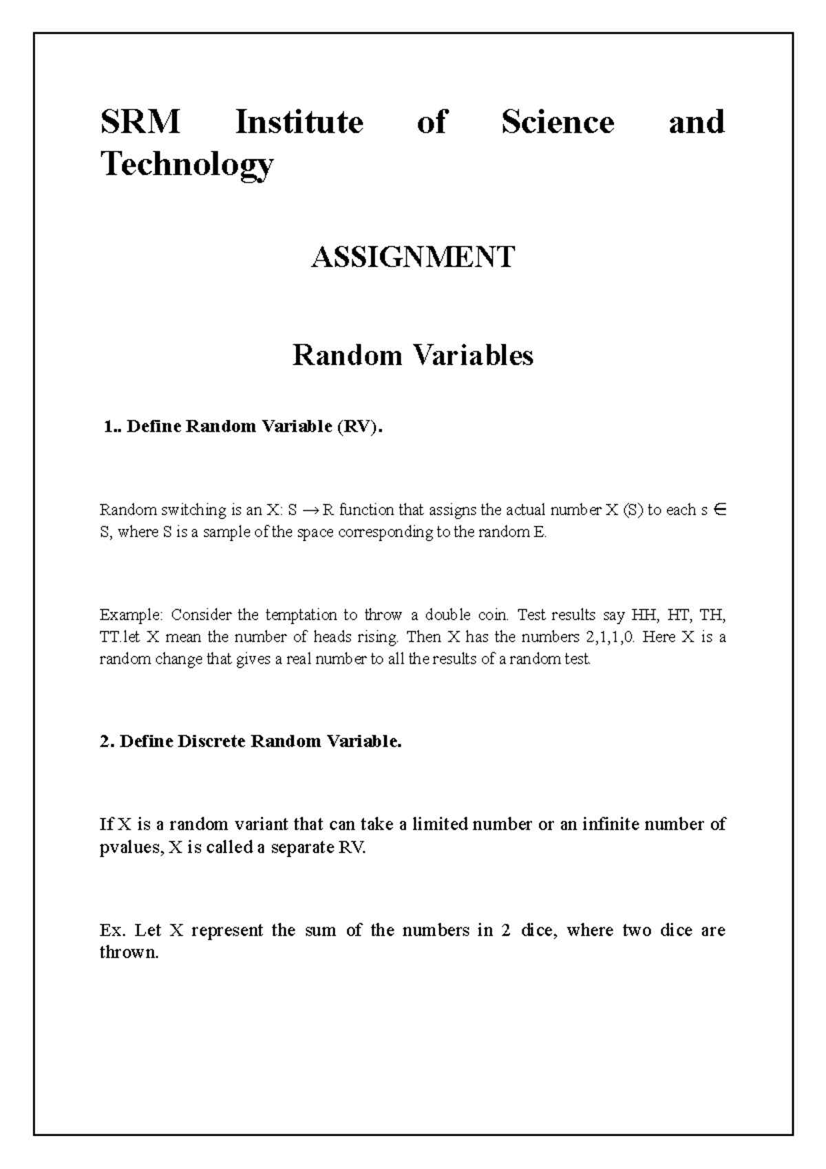 Random Variables Assignment Srm Institute Of Science And Technology