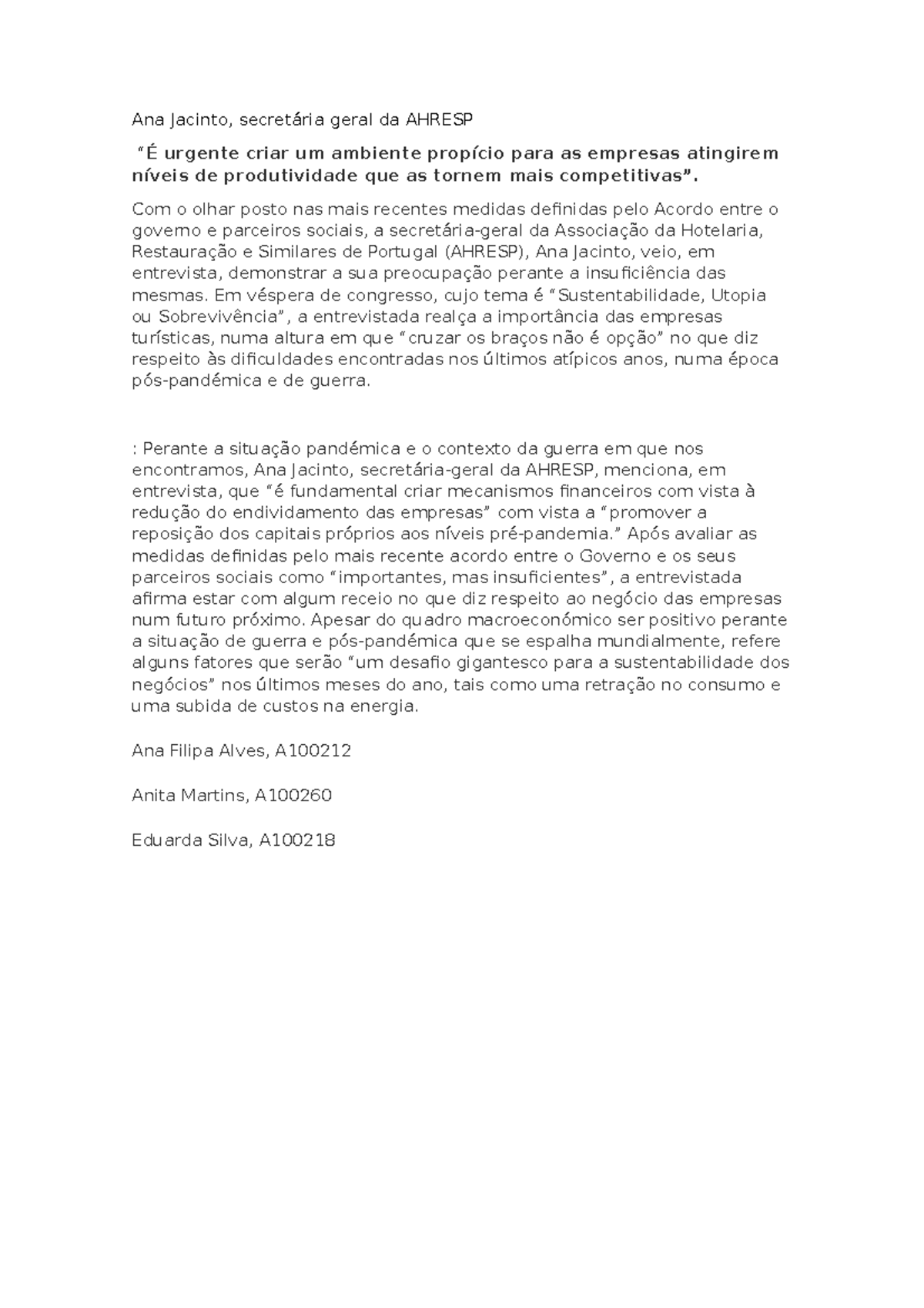 Entrevista Ana Jacinto - Ana Jacinto, secretária geral da AHRESP “É ...