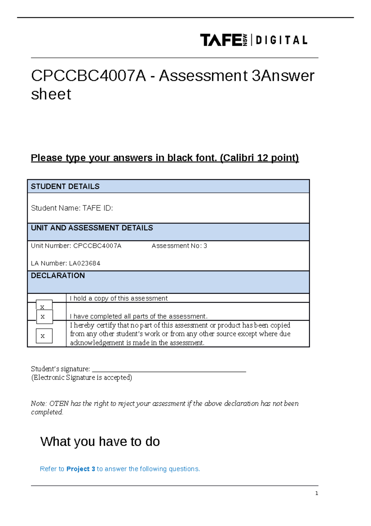 Cpccbc 4007A Assessment 3Answer sheet - CPCCBC4007A - Assessment ...