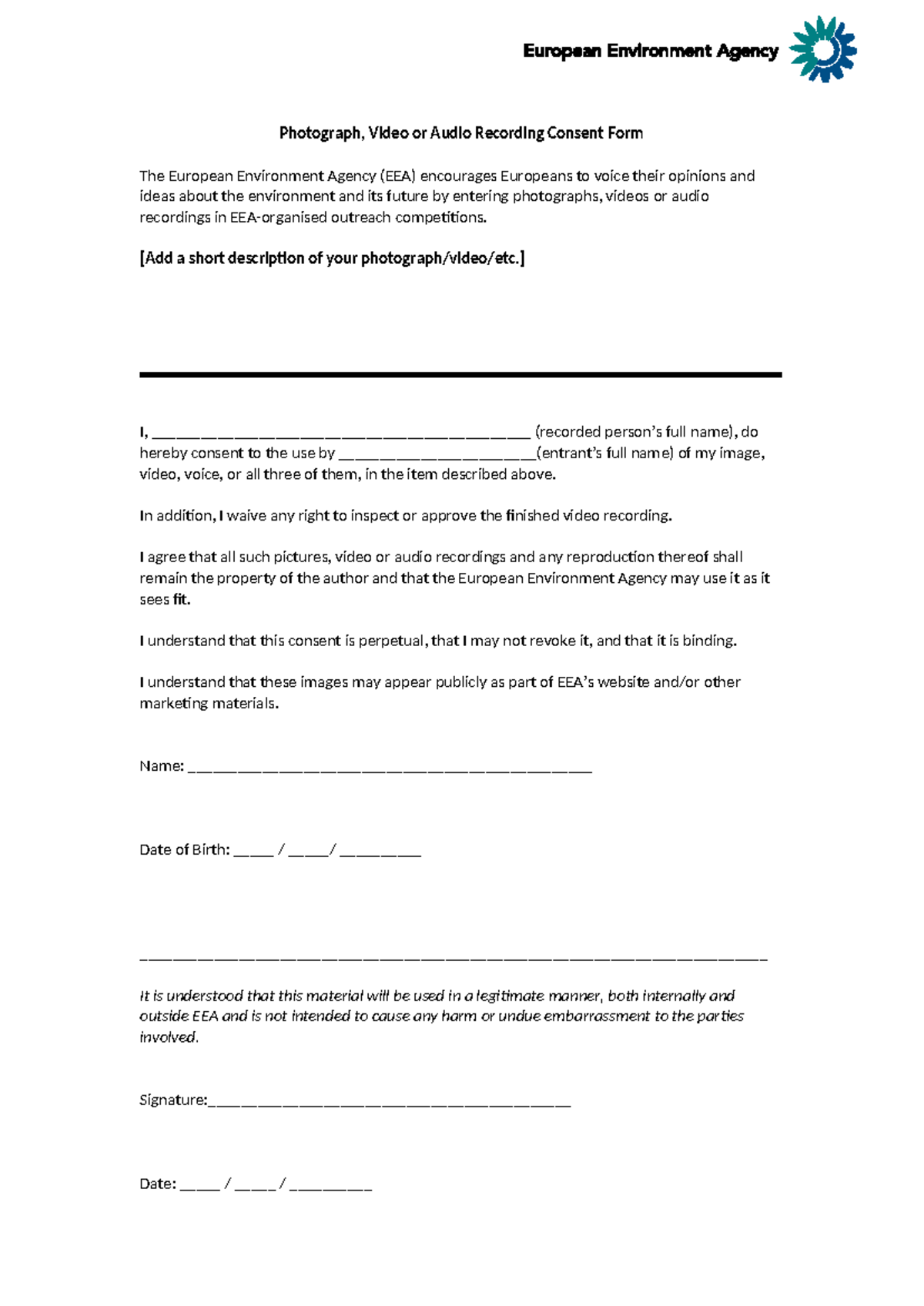 Consent form - Photograph, Video or Audio Recording Consent Form The ...