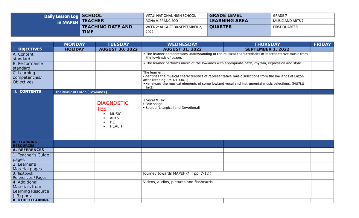 WEEK 1 Mapeh 7 - daily lesson log for music 7 - Daily Lesson Log in ...