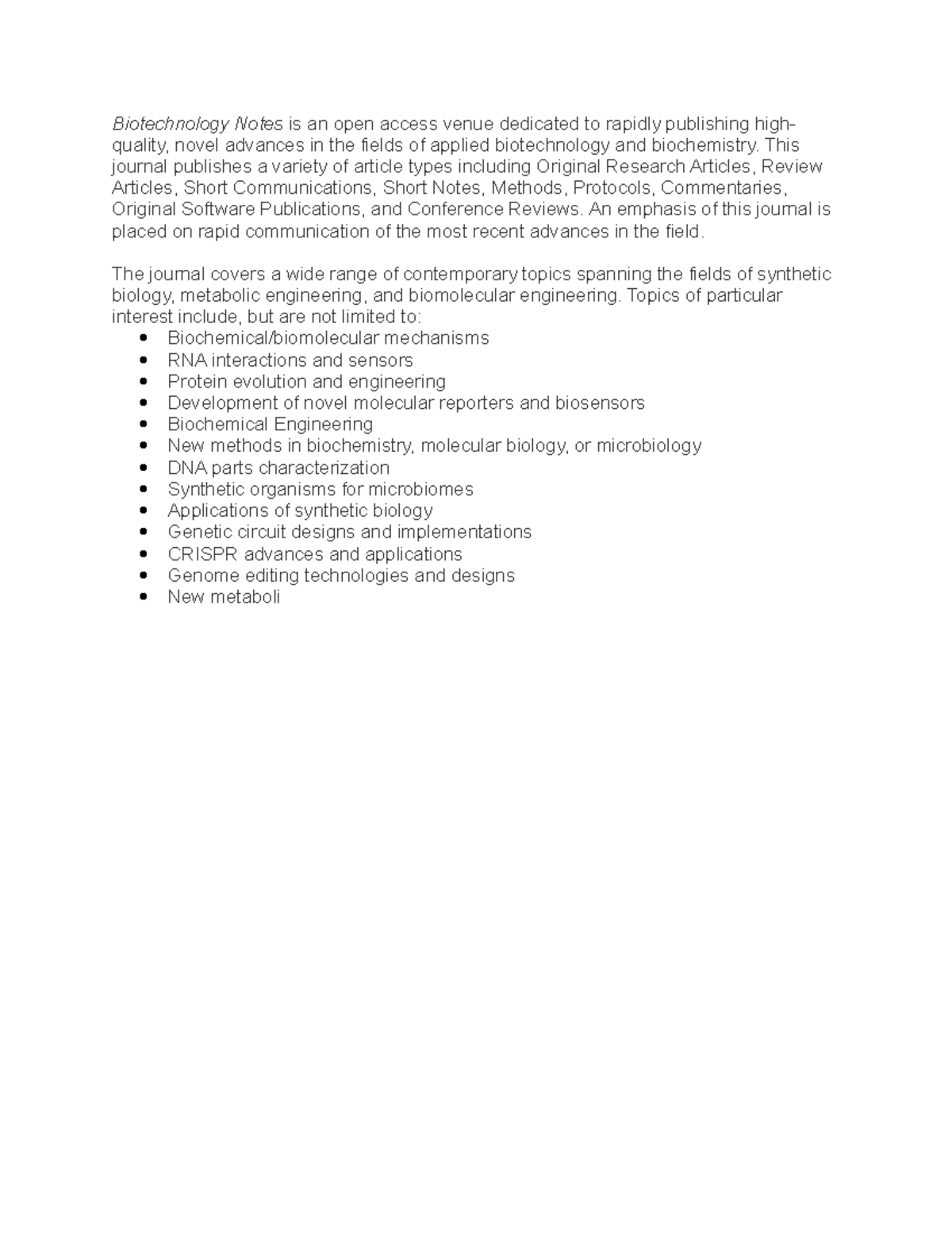 Biotechnology Notes - This journal publishes a variety of article types ...