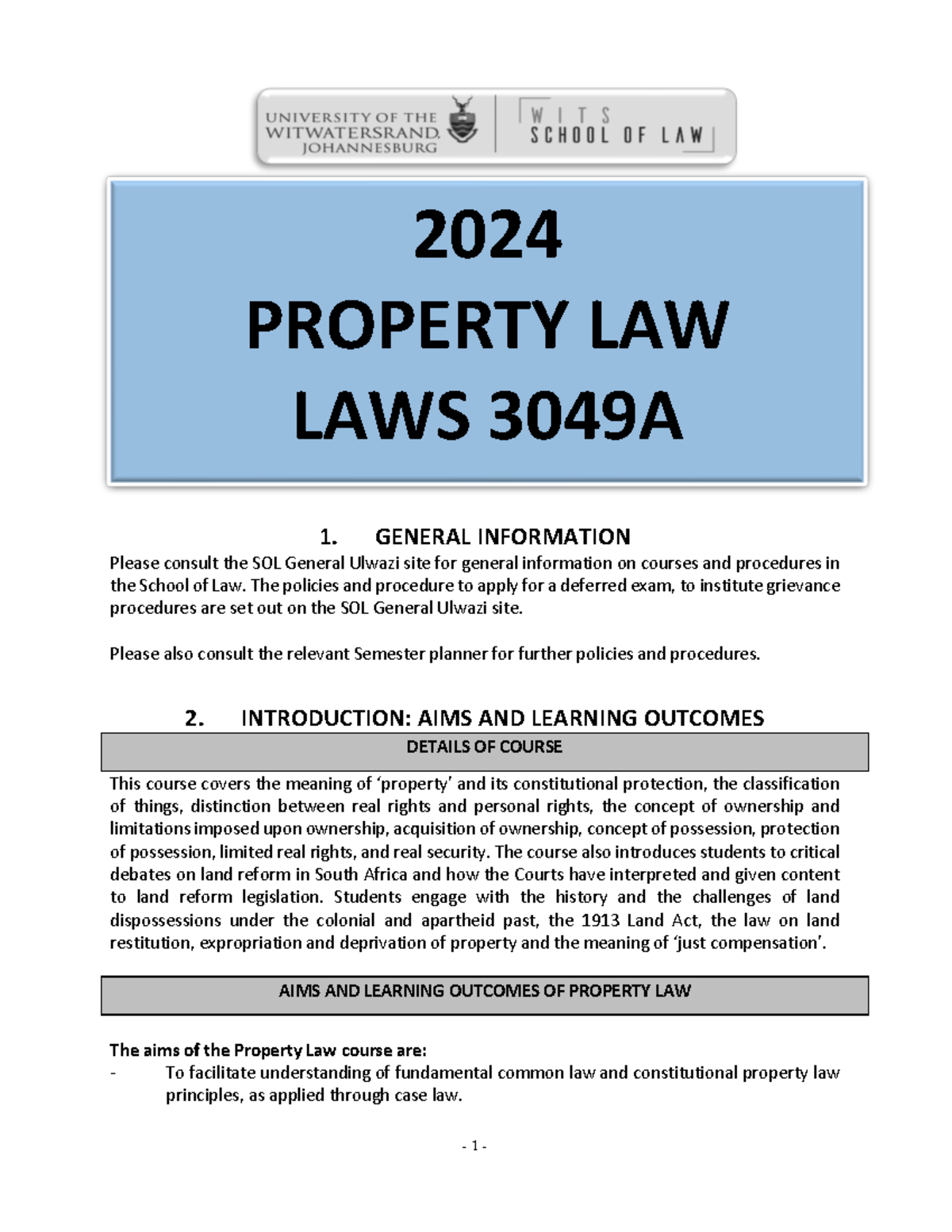 Property law LAWS3049A course outline 29 Jan 2024[69] - 1. GENERAL ...