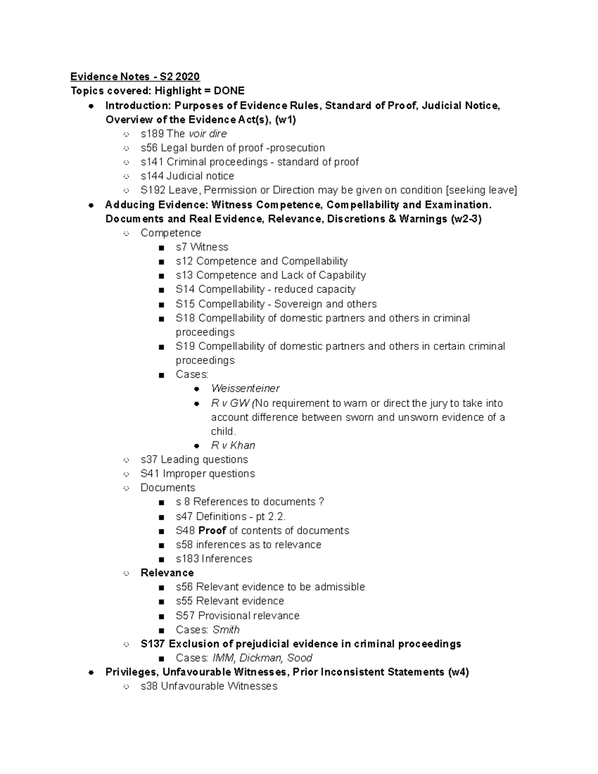 Evidence Notes - S2 2020 - Evidence Notes - S2 2020 Topics covered ...