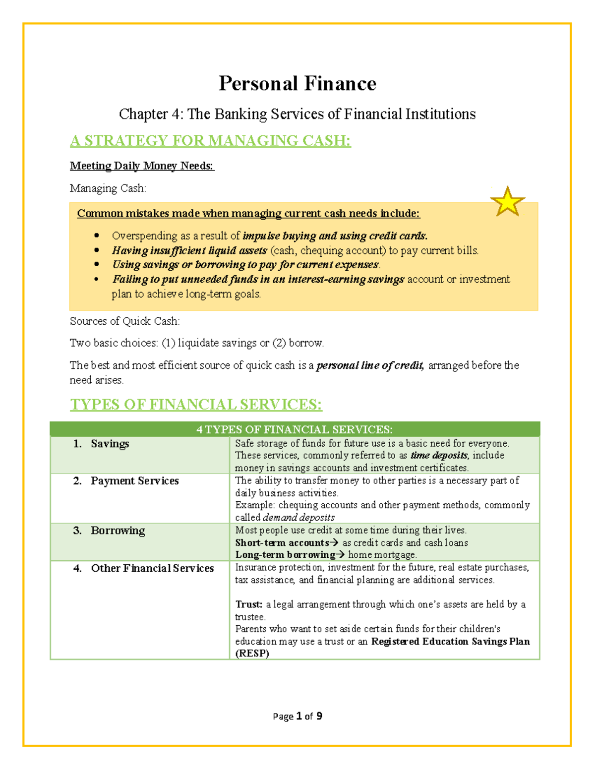 Personal Finance Ch 4 Note - Personal Finance Chapter 4: The Banking ...