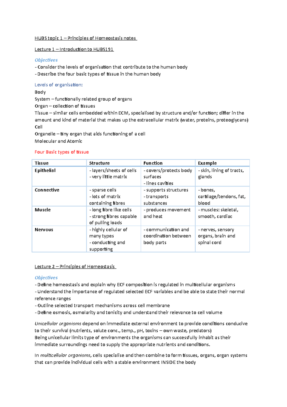 ^1 HUBS191 Class notes - HUBS topic 1 – Principles of Homeostasis notes ...