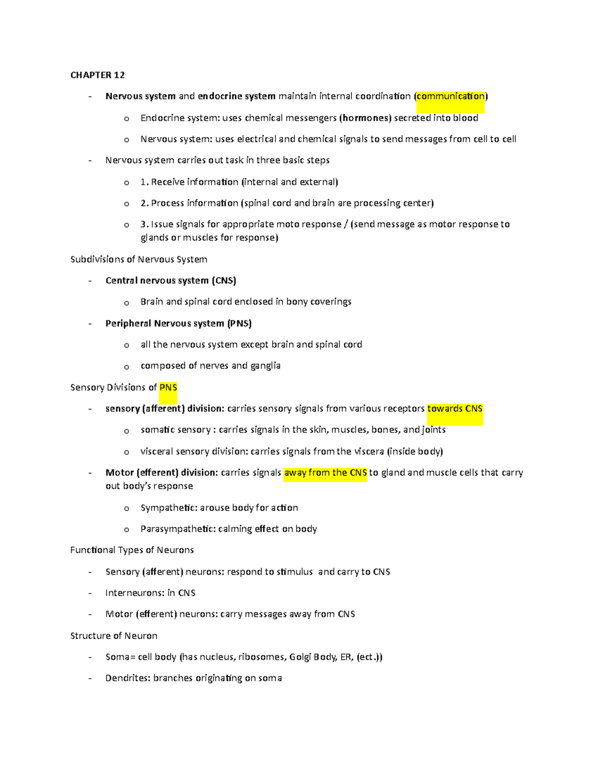 BIO 215 Final EXAM Notes - CHAPTER 12 Nervous system and endocrine ...