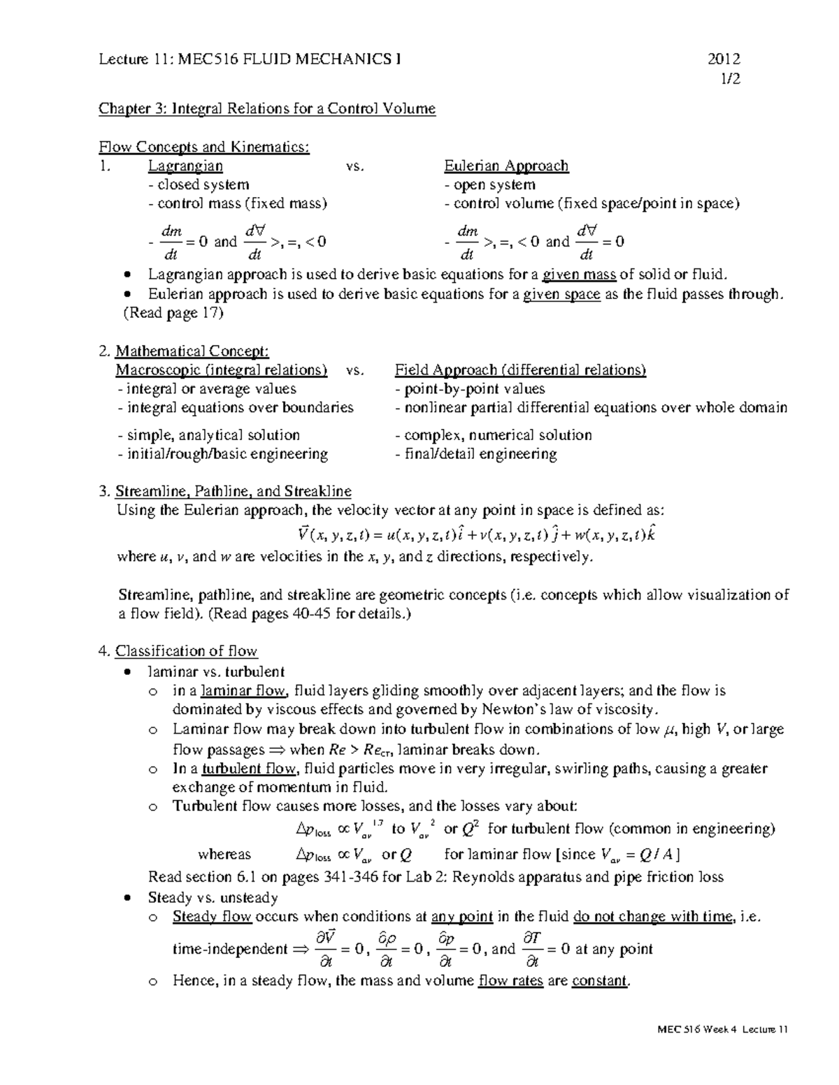 Lecture notes, lectures 11-14 - Lecture 11: MEC516 FLUID MECHANICS I ...