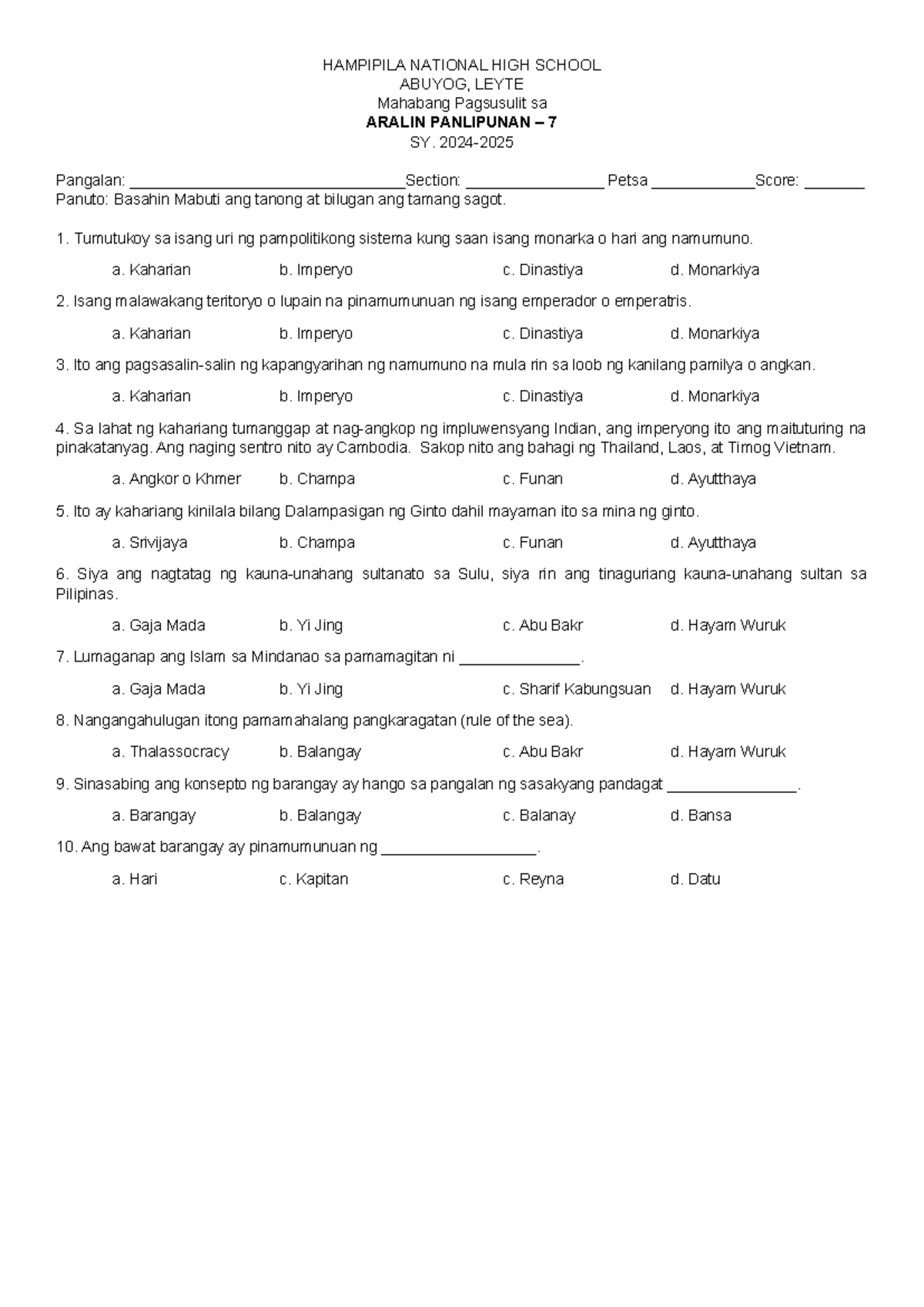 2nd Periodical Test - Summative Test - HAMPIPILA NATIONAL HIGH SCHOOL ...