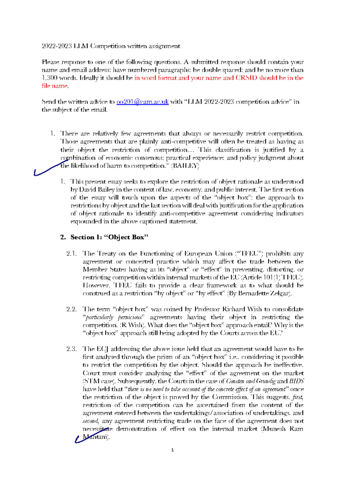 Competition Law - Assignment (Michaelmas) - 2022-2023 LLM Competition ...
